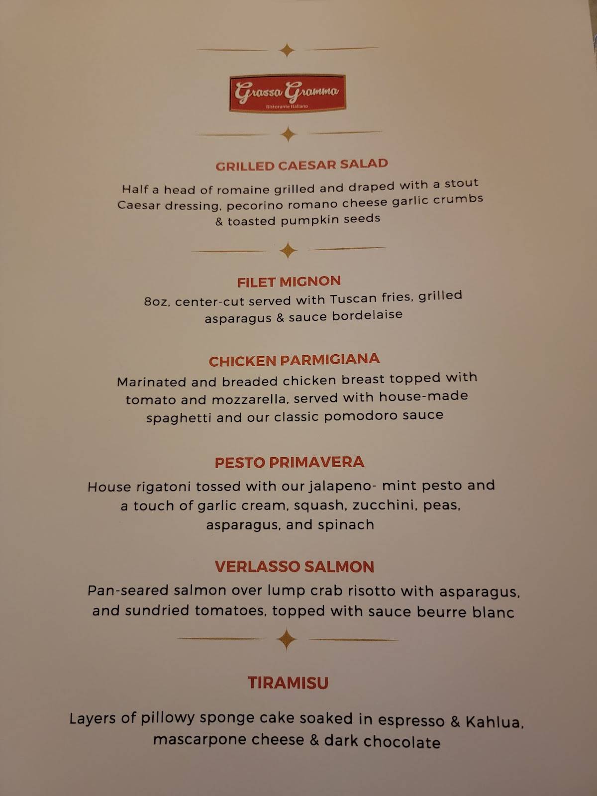 Menu at Grassa Gramma restaurant, Louisville