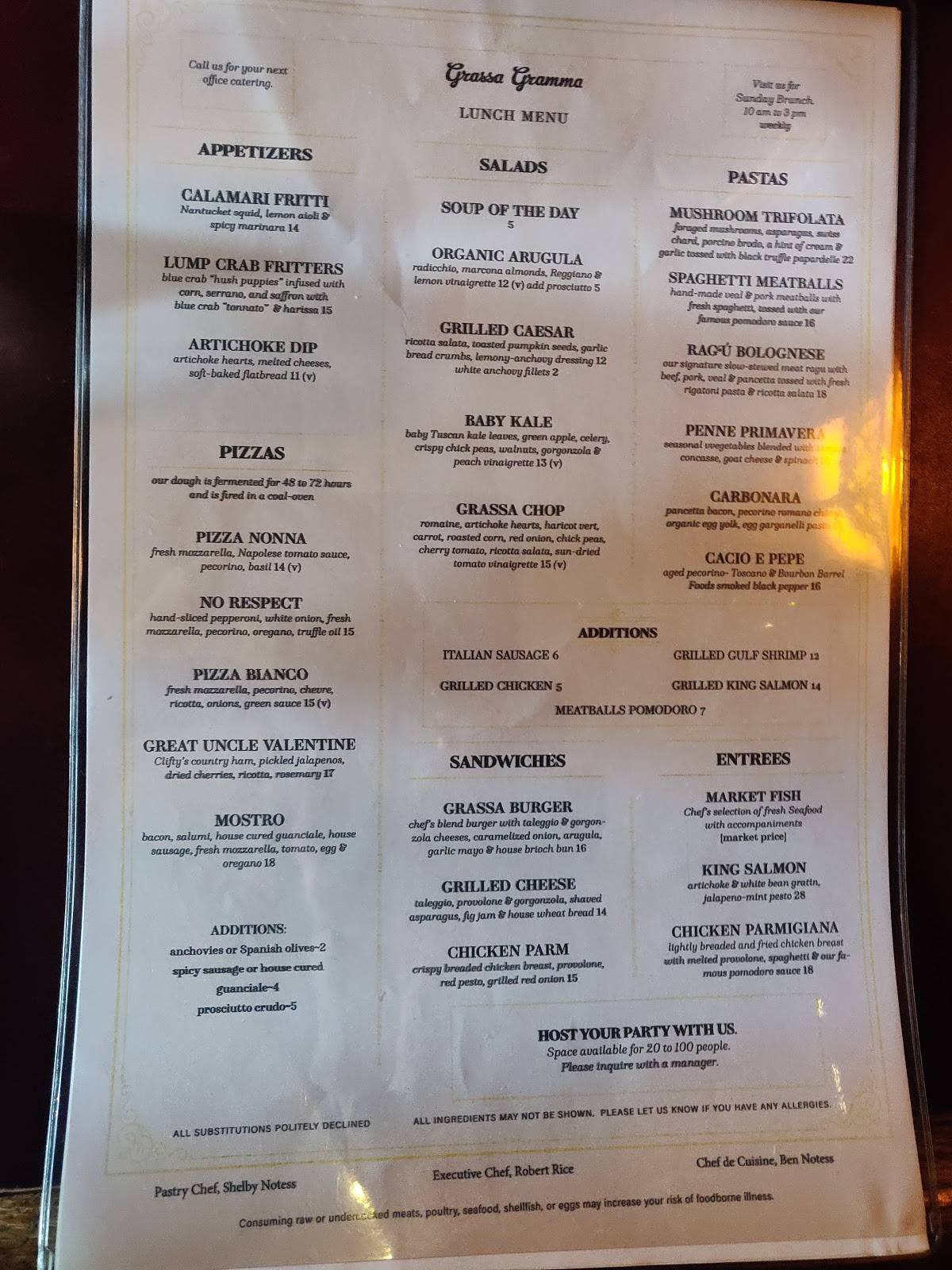 Menu at Grassa Gramma restaurant, Louisville
