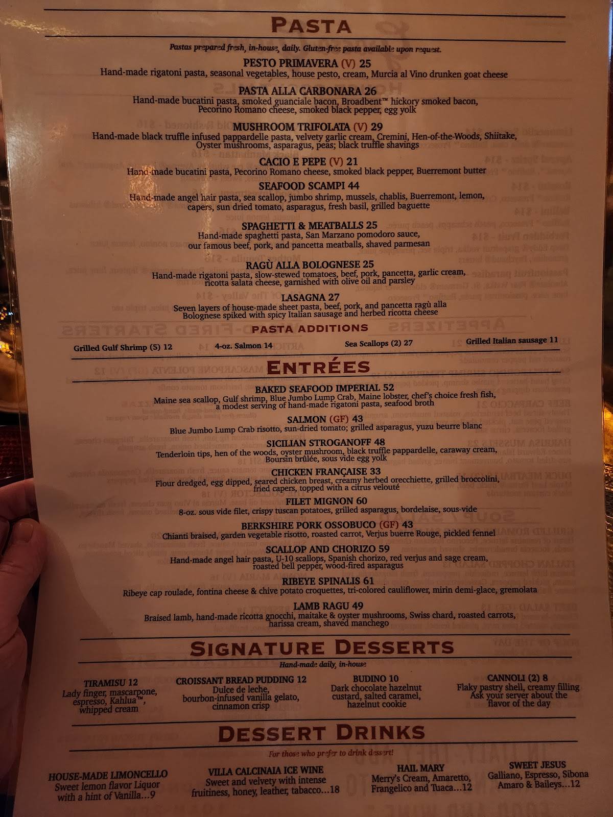 Menu at Grassa Gramma restaurant, Louisville