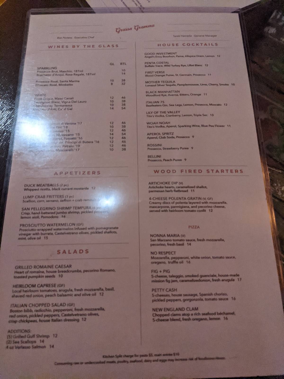 Menu at Grassa Gramma restaurant, Louisville