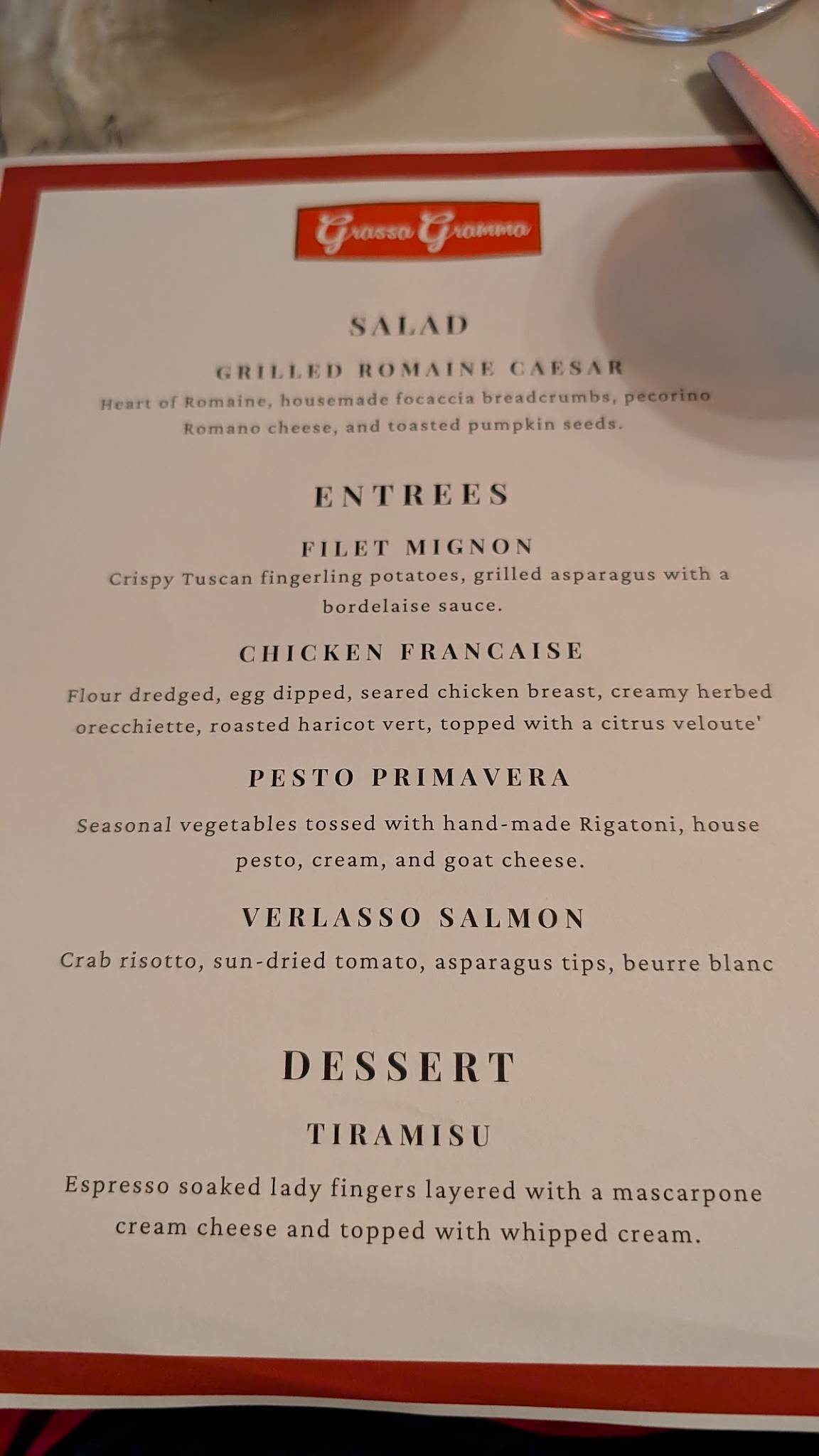 Menu at Grassa Gramma restaurant, Louisville