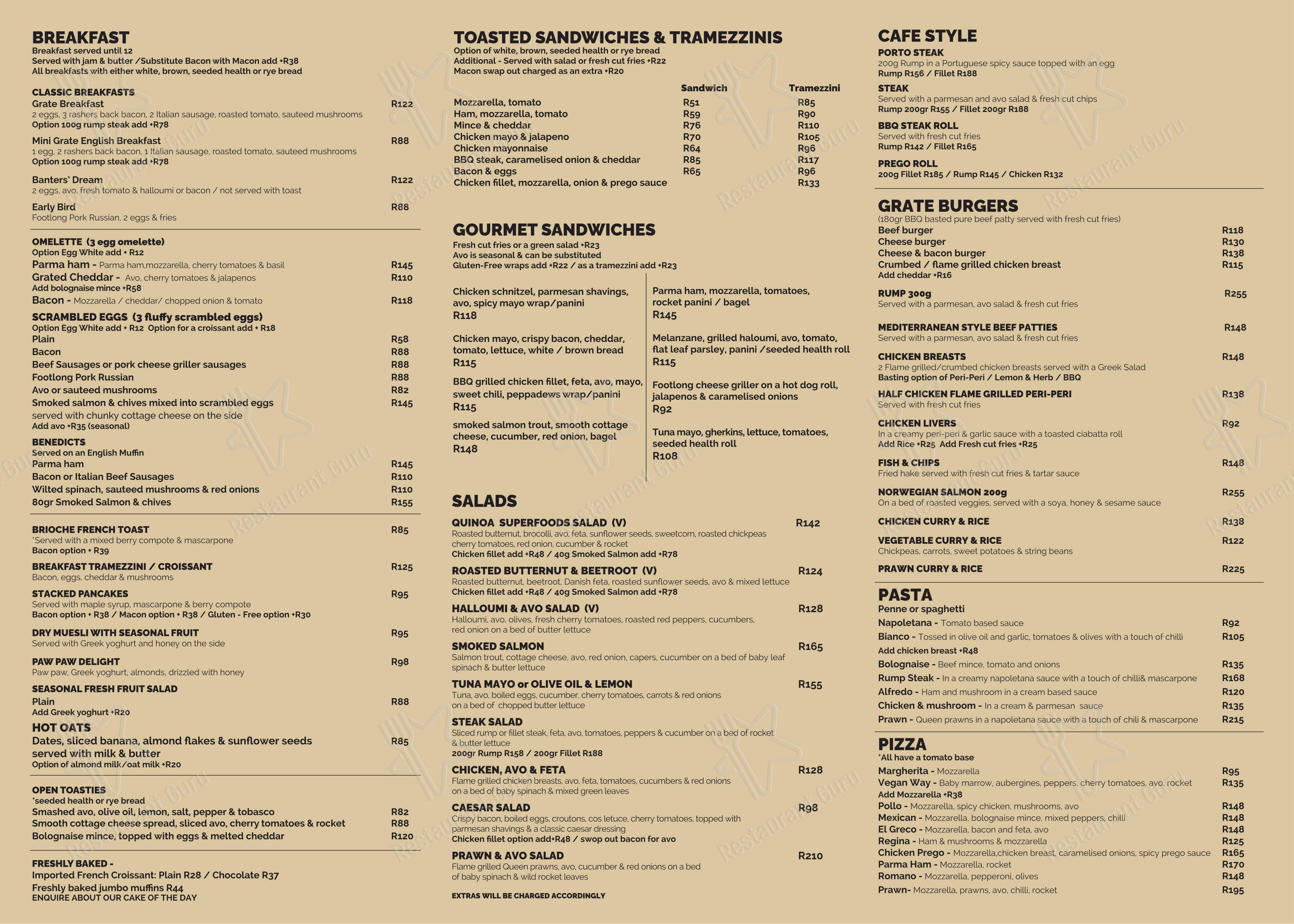 Menu at Grate cafe, Sandton