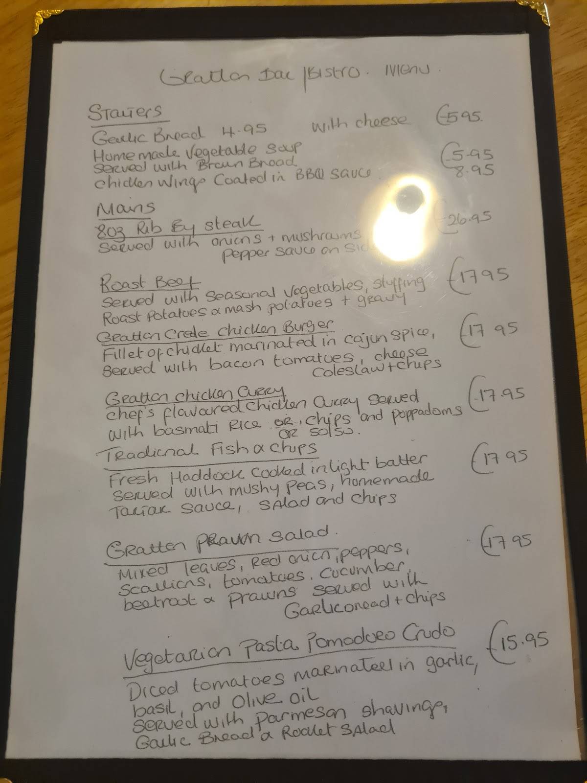 Menu at Grattan Bar, Waterford