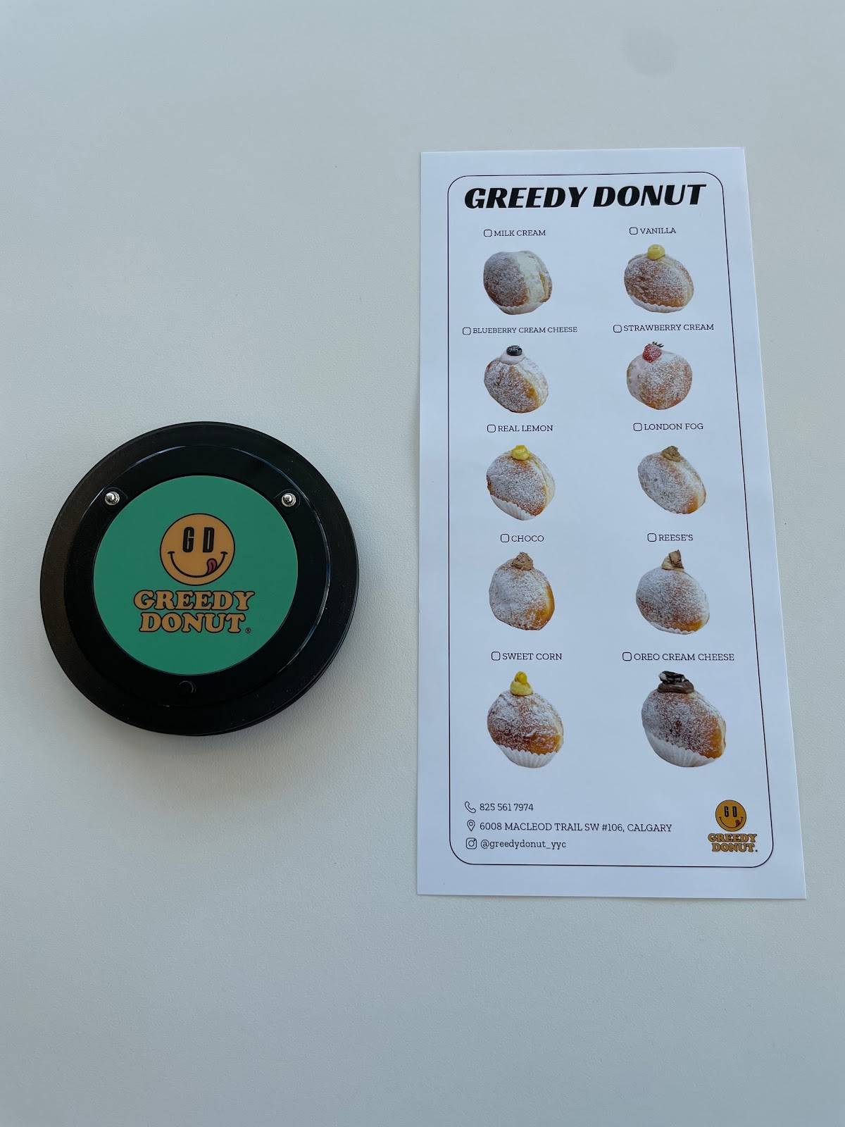 Menu at Greedy Donut cafe, Calgary
