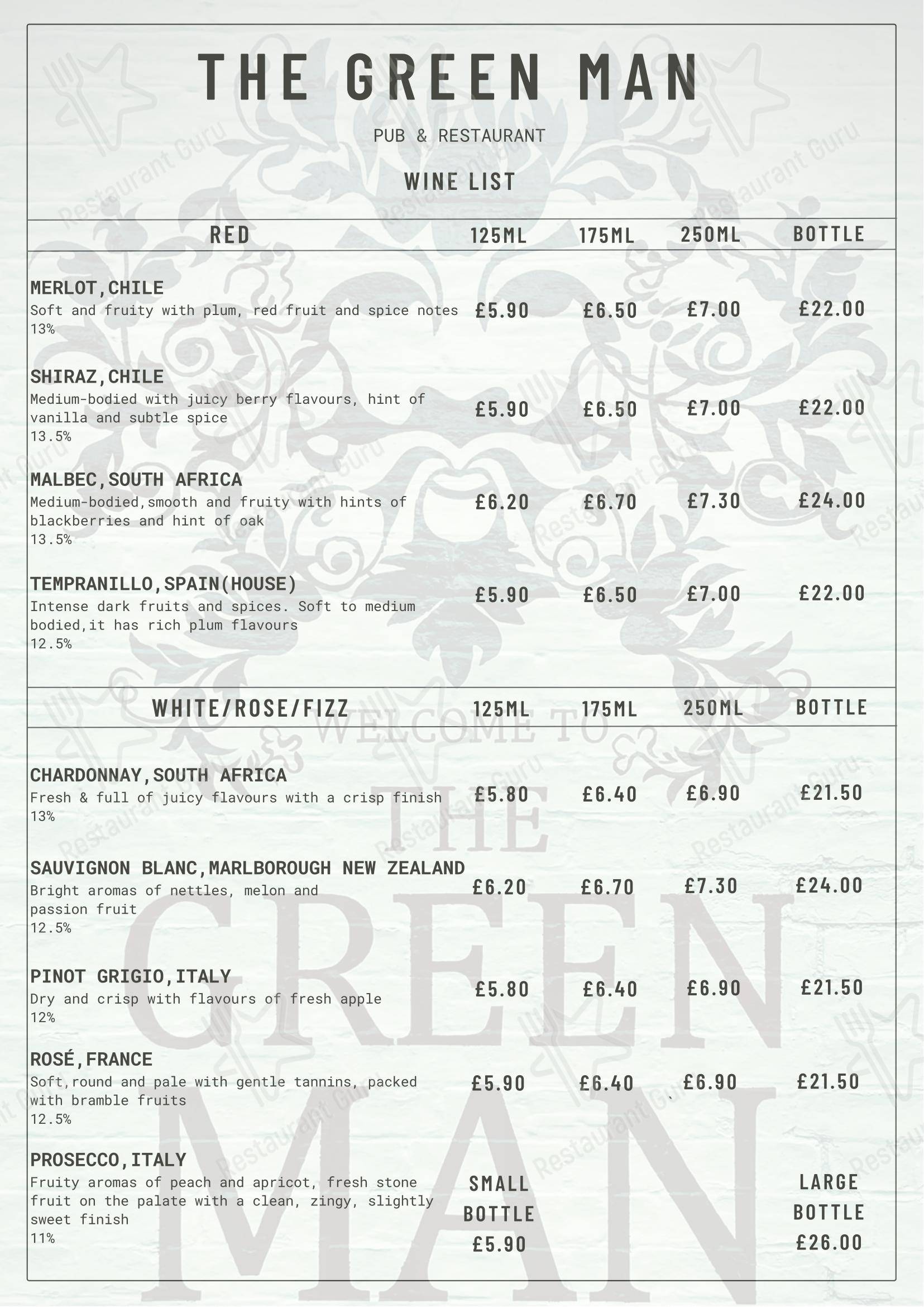 Menu at Green Man pub & bar, Bluntisham, 1 East St