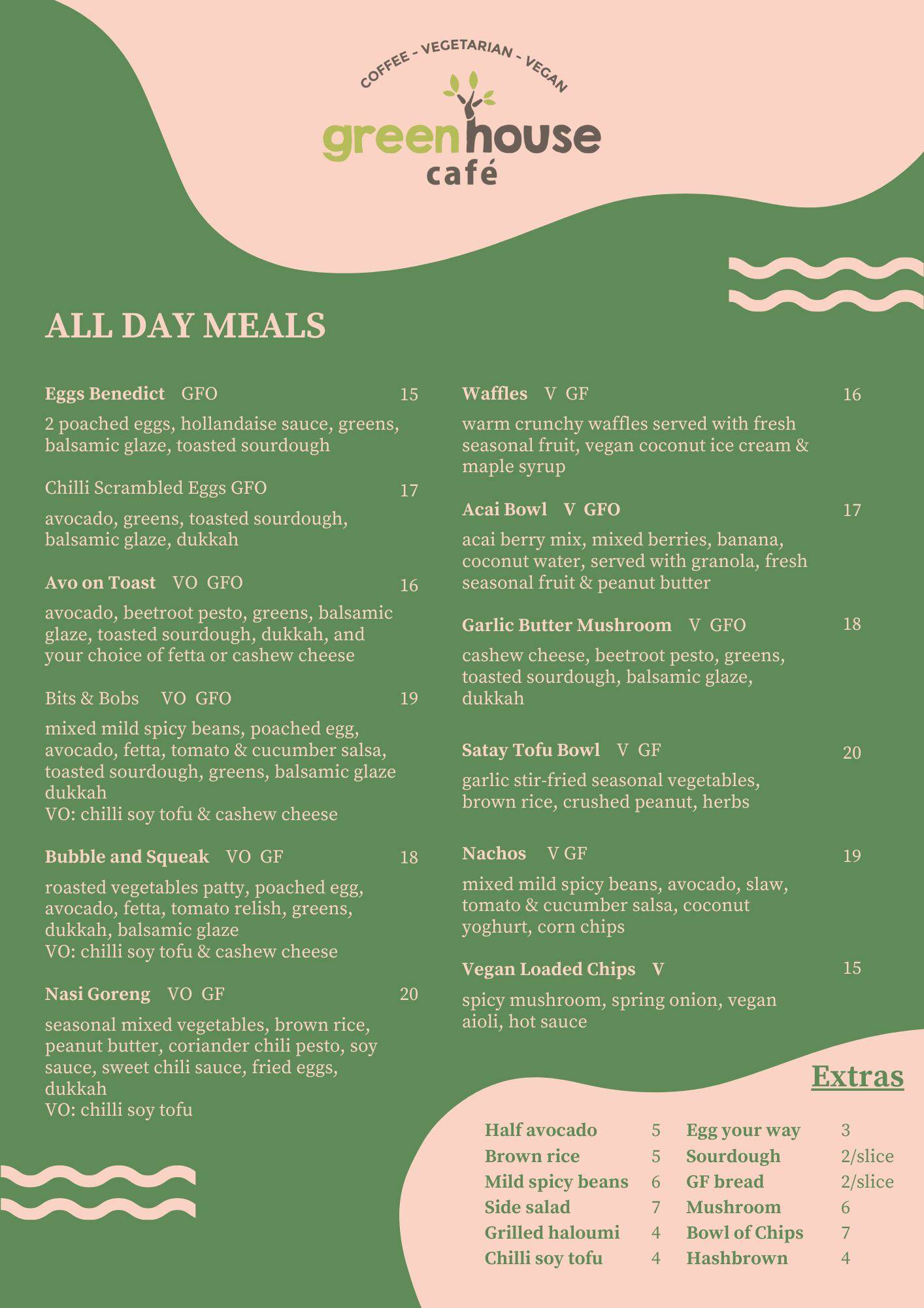 Menu at Greenhouse Cafe, Caloundra