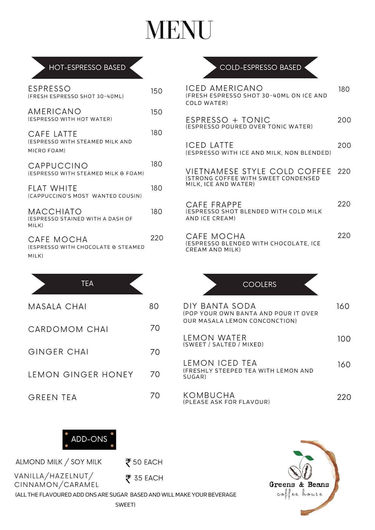 Menu at Greens & Beans, Agra
