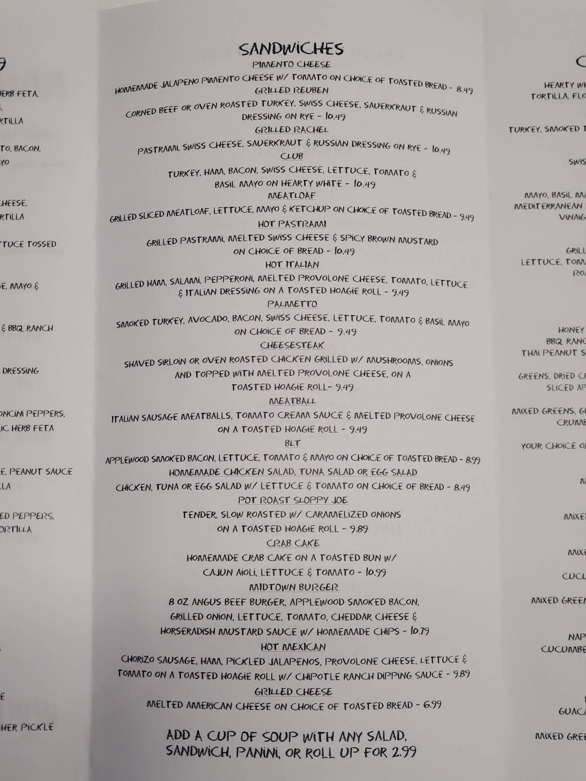 Menu at Midtown Deli restaurant, Greenville, Woodruff Rd B