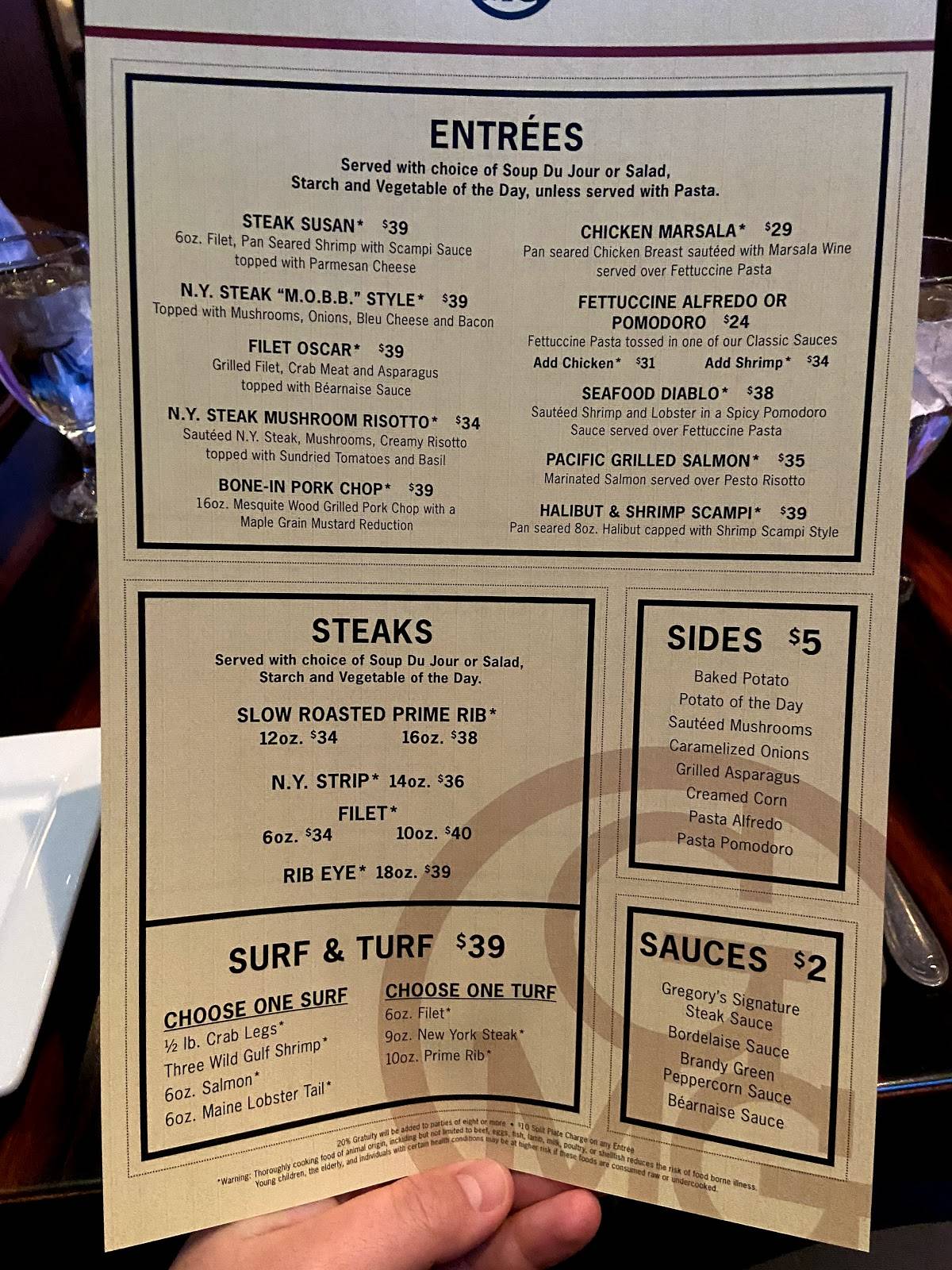 Menu at Gregory's Mesquite Grill steakhouse, Mesquite