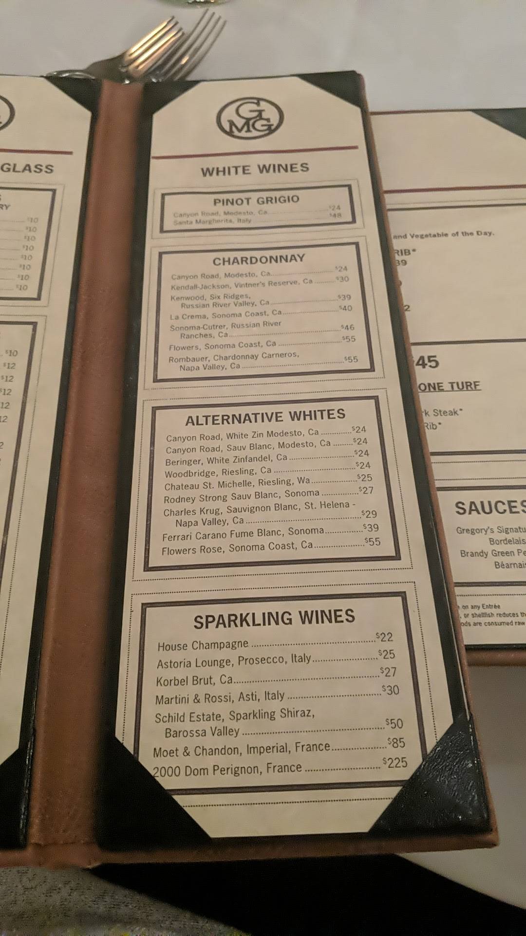Menu at Gregory's Mesquite Grill steakhouse, Mesquite
