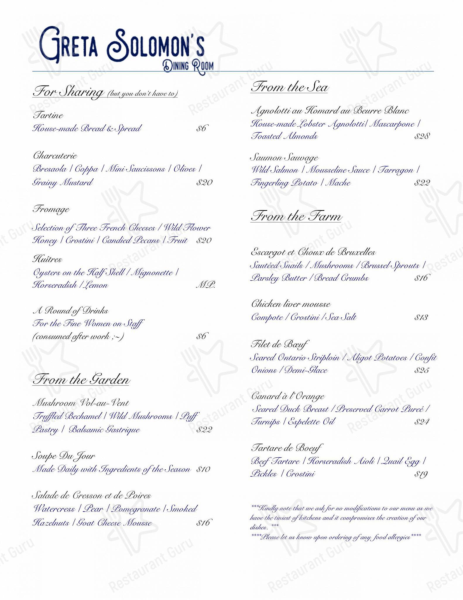 Menu at Greta Solomon's restaurant, Toronto