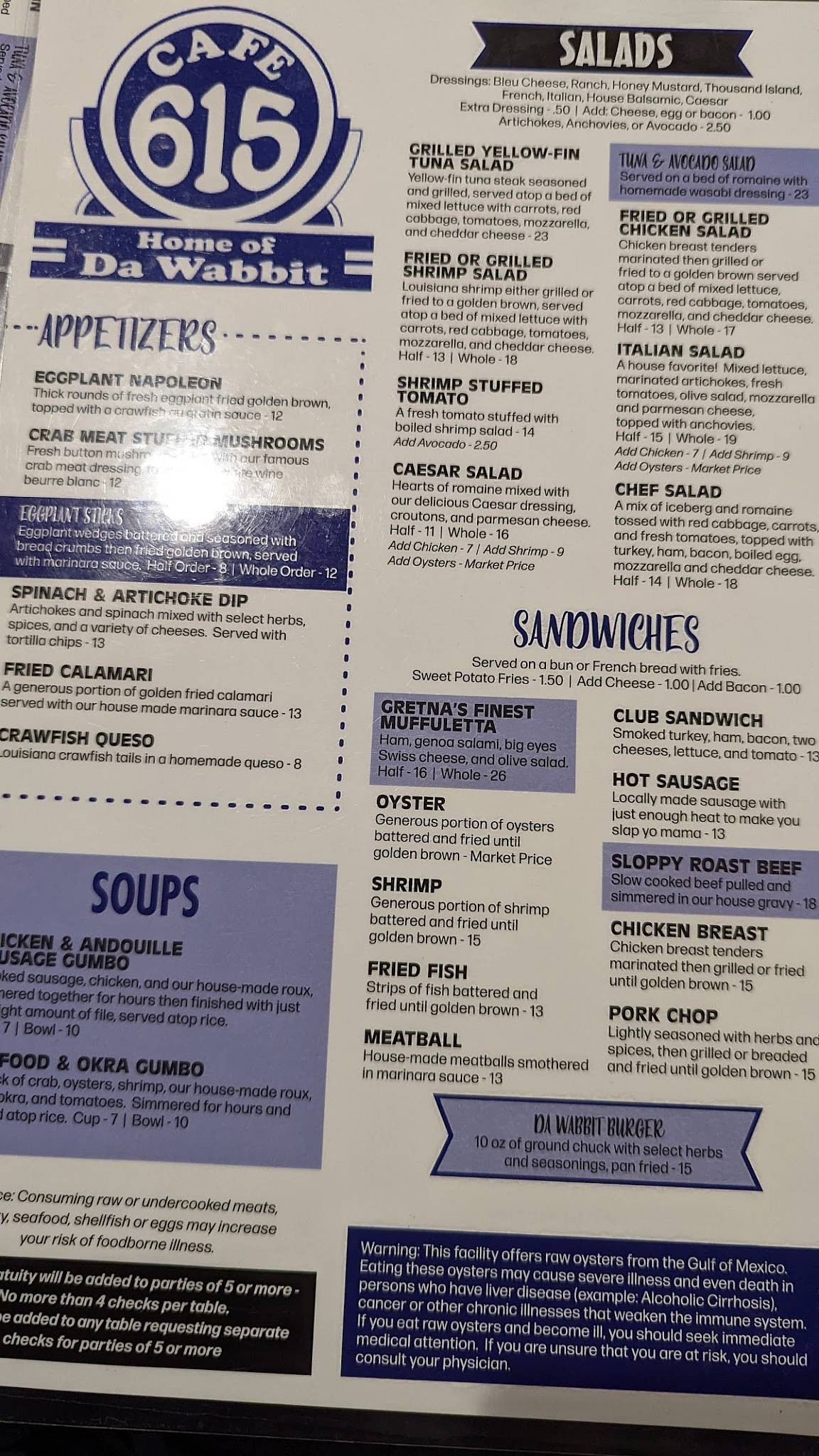 Menu at Cafe 615 (Home of Da Wabbitt), Gretna