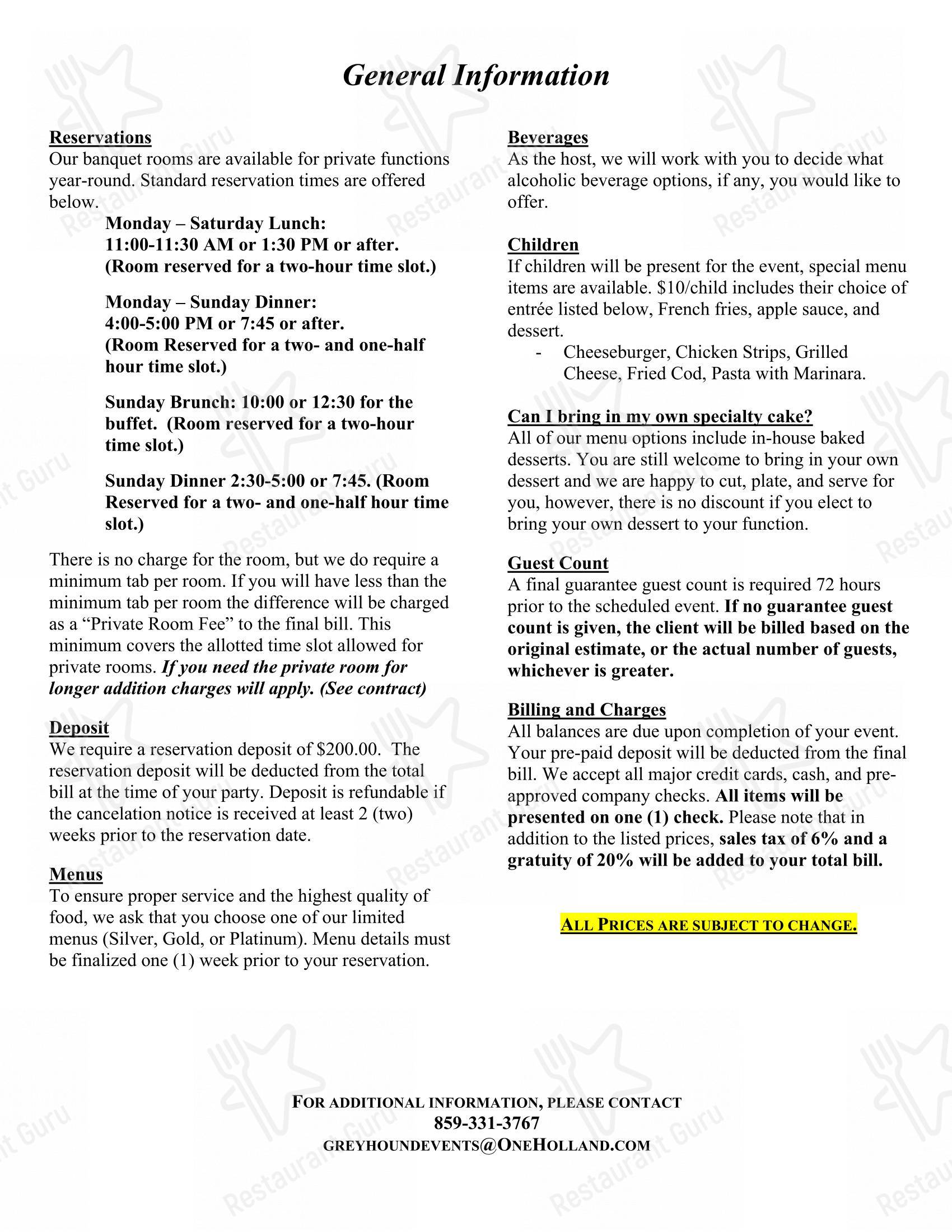 Menu at Greyhound Tavern restaurant, Fort Mitchell