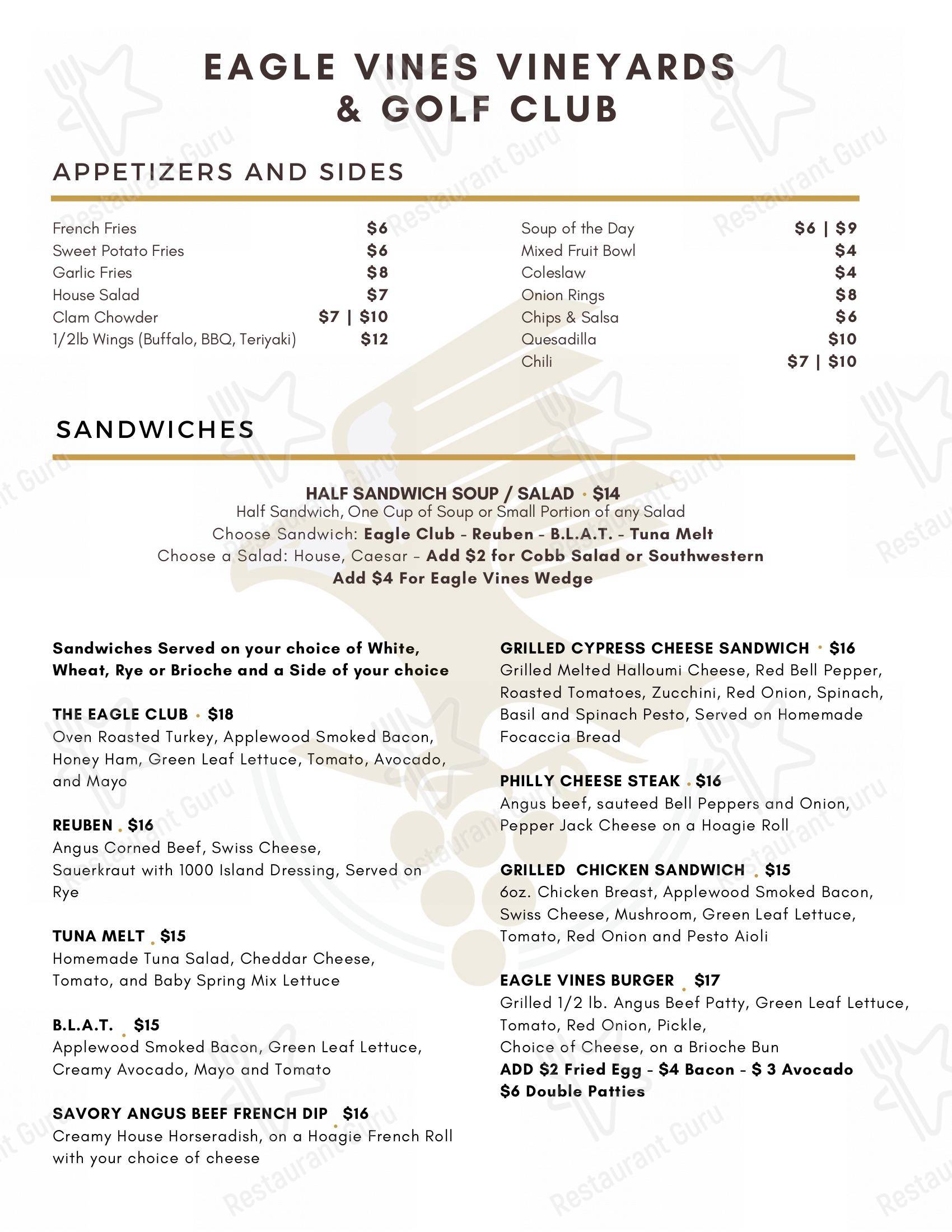 Menu at Grill at Eagle Vines pub & bar, American Canyon