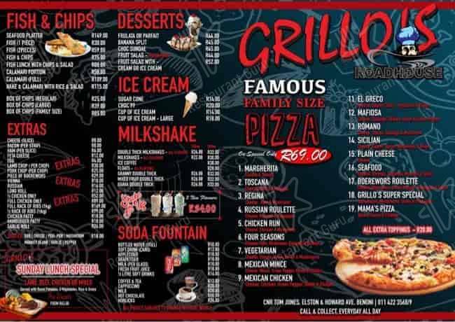 Menu at Grillo's Roadhouse restaurant, Boksburg