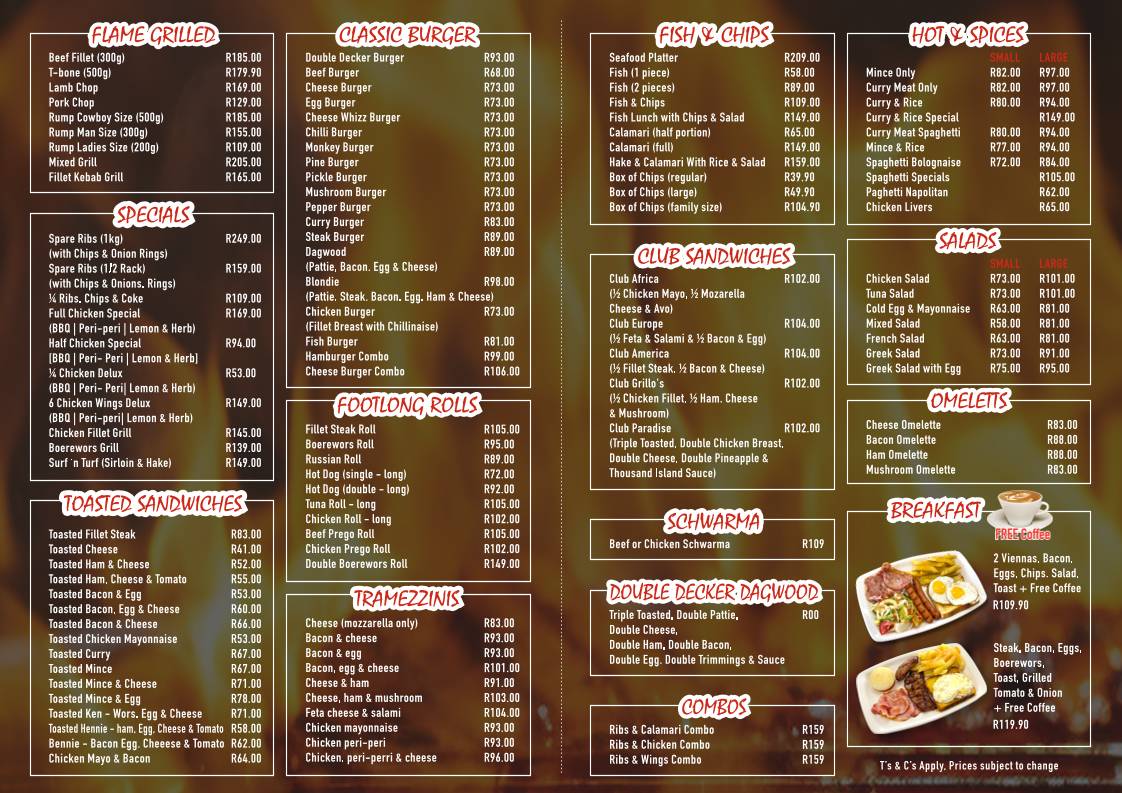 Menu at Grillo's Roadhouse restaurant, Boksburg