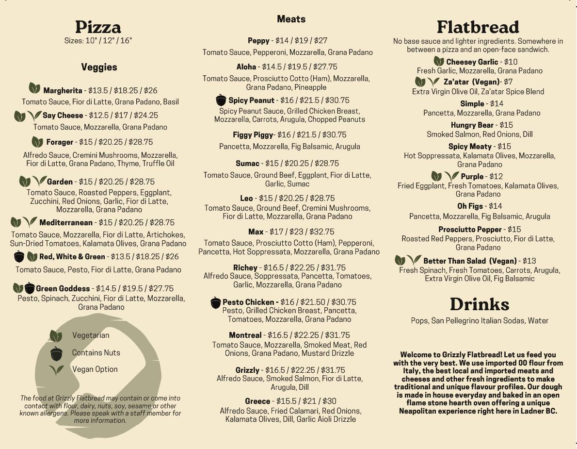 Carta de pizzería Grizzly Flatbread, Delta