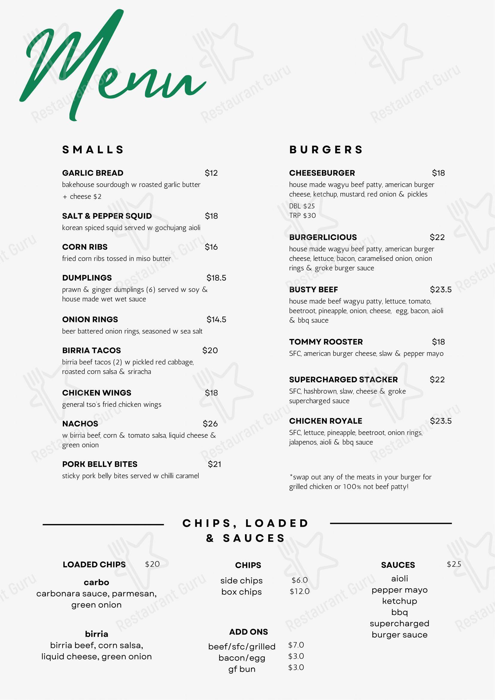 Menu at Groke restaurant, Hamilton