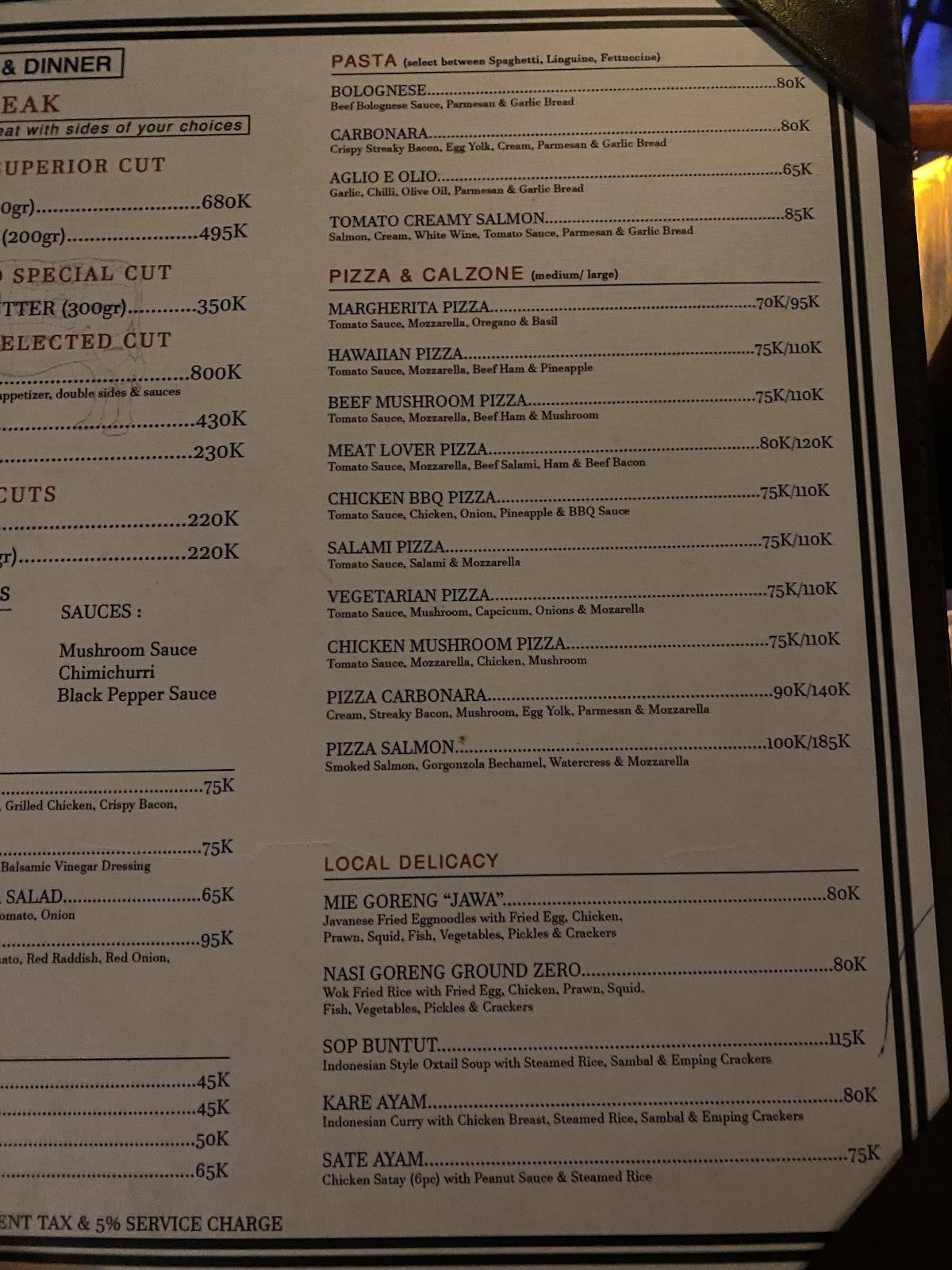 Menu at Ground Zero Kitchen restaurant, Kuta Selatan
