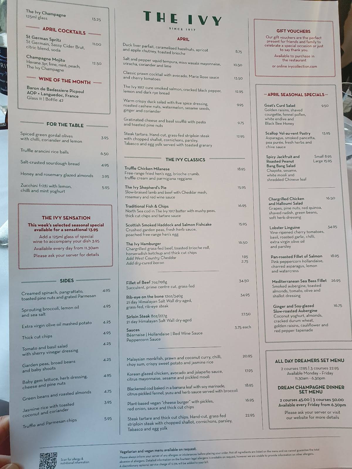 Menu at The Ivy Castle View restaurant, Guildford