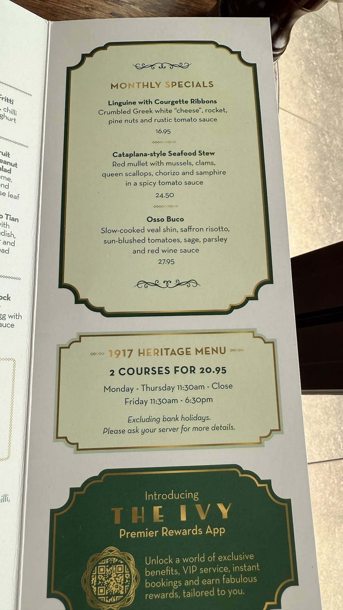 Menu at The Ivy Castle View restaurant, Guildford