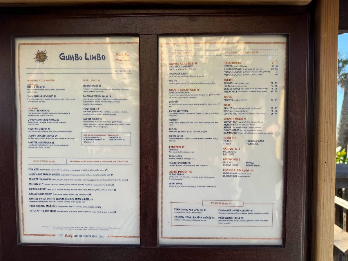 Menu at Gumbo Limbo pub & bar, Naples, 280 Vanderbilt Beach Rd