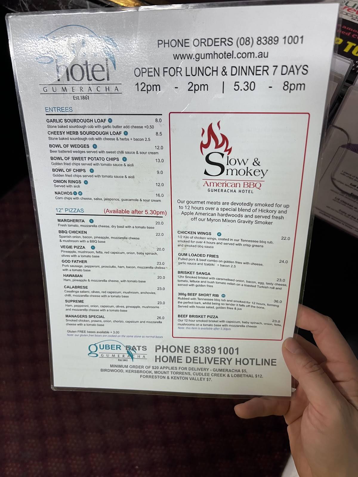 Menu at Gumeracha Hotel pub & bar, Gumeracha