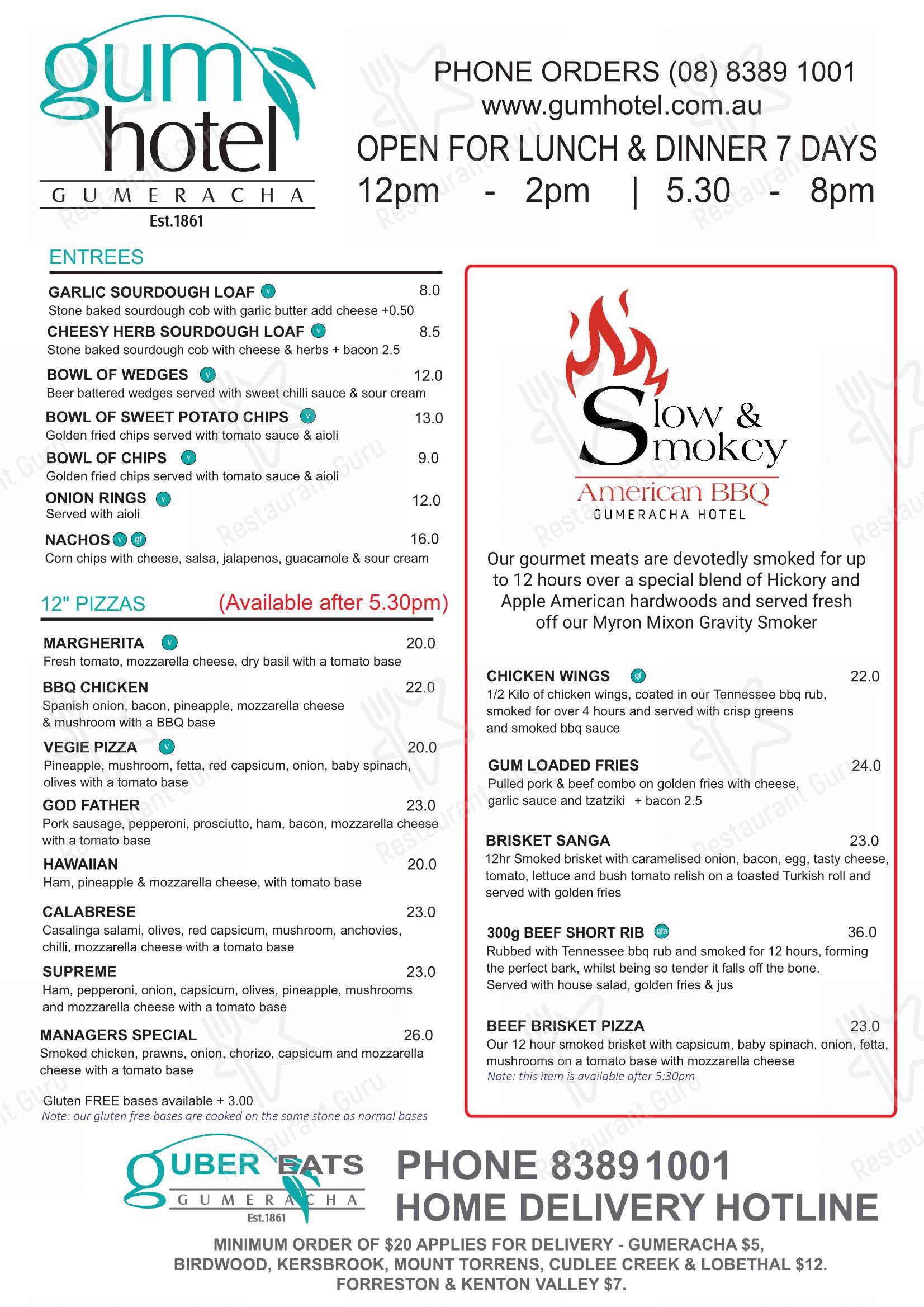 Menu at Gumeracha Hotel pub & bar, Gumeracha