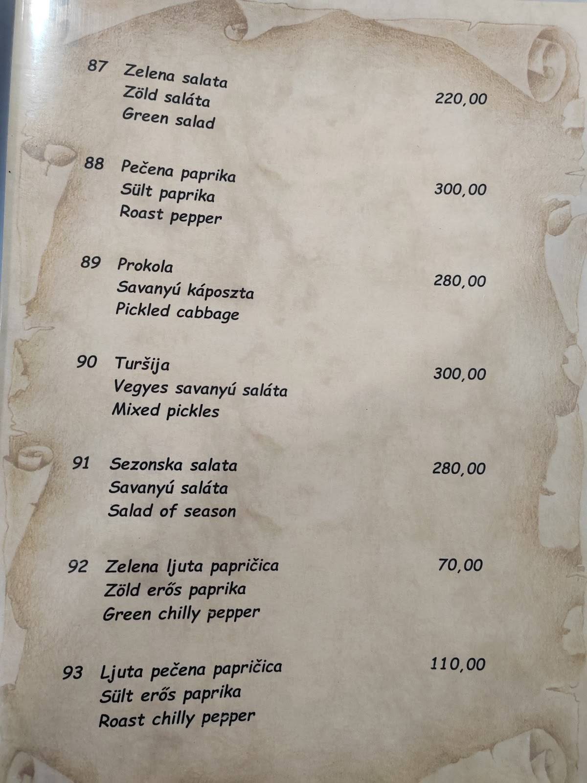 Menu at Gurinović restaurant, Subotica, Bajski put 32