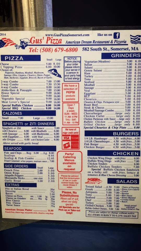 Menu at Gus's Pizza pizzeria, Somerset