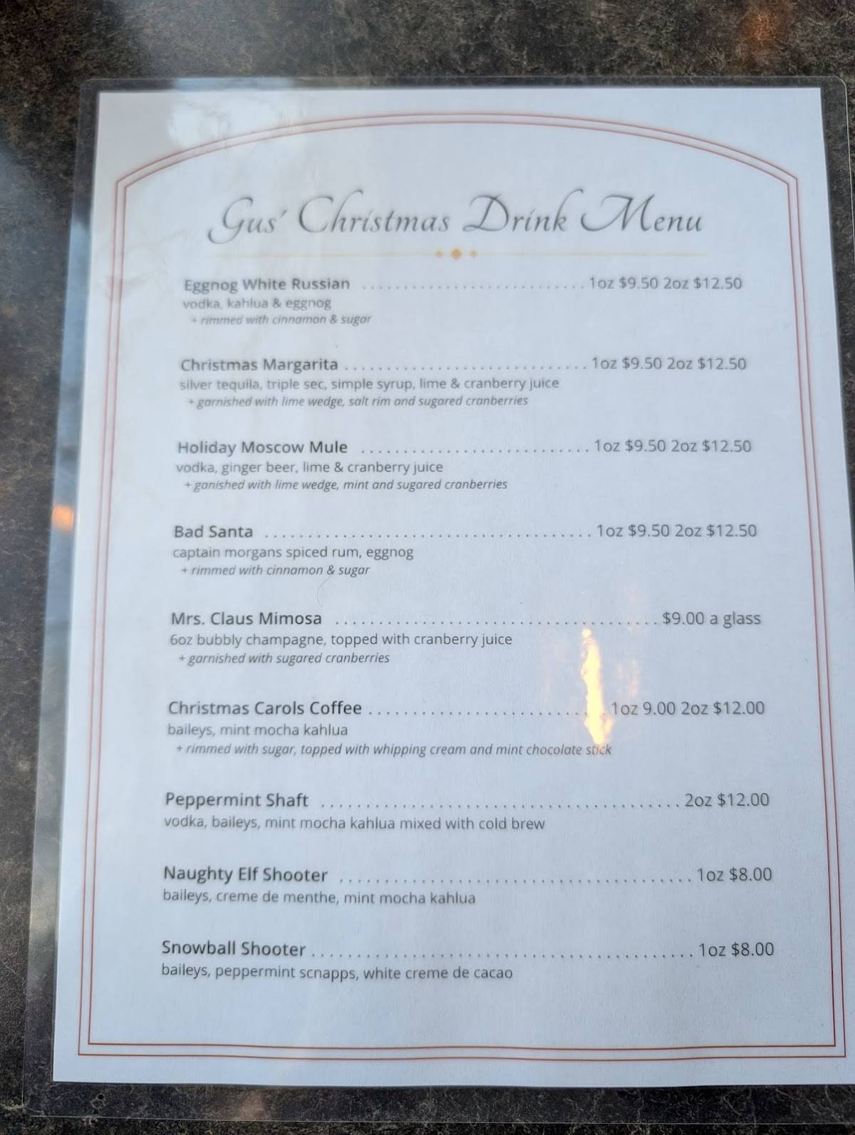 Menu at Gus's Pub, Port McNeill