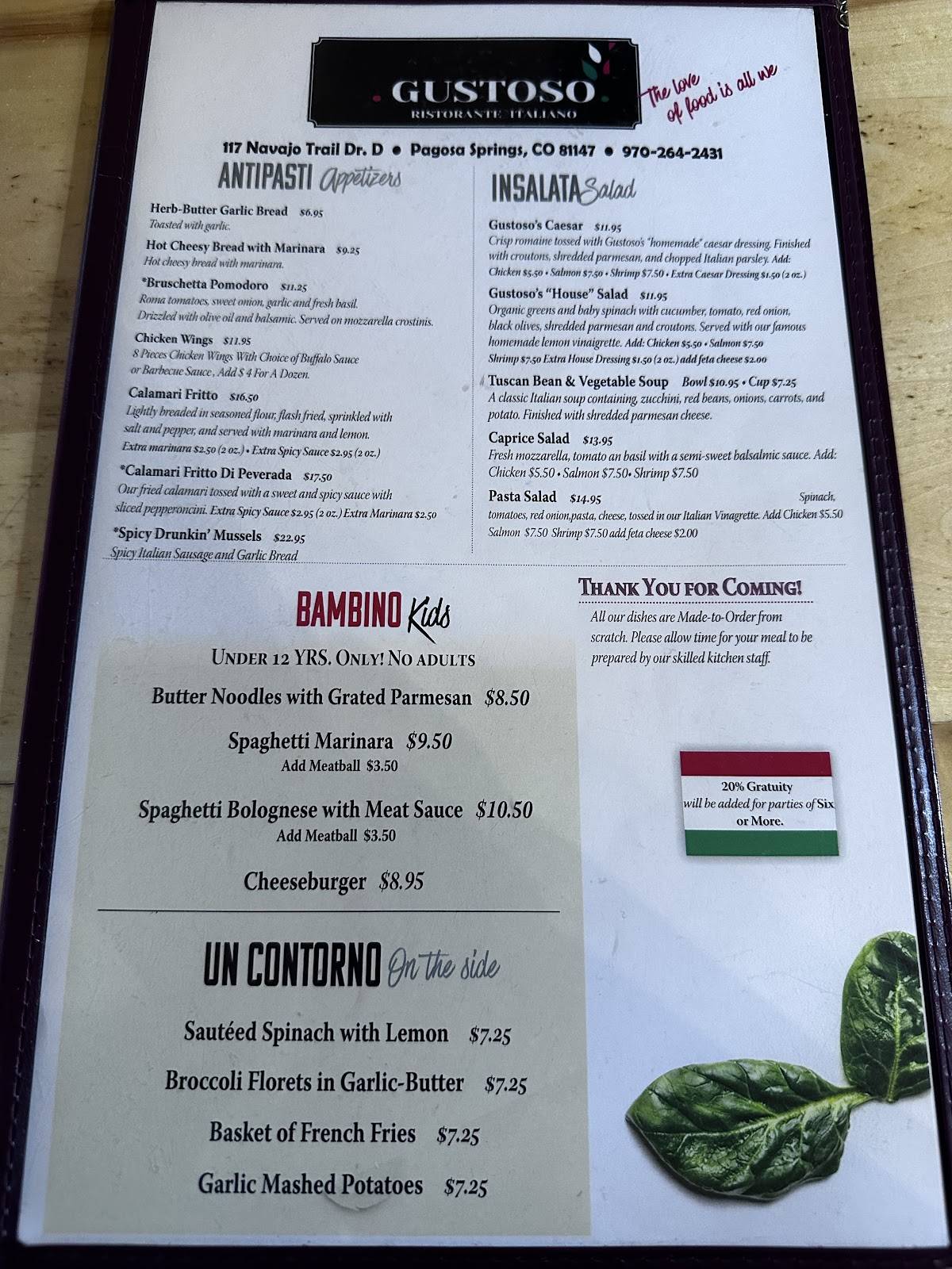 Menu at Gustoso Italian Restaurant, Pagosa Springs