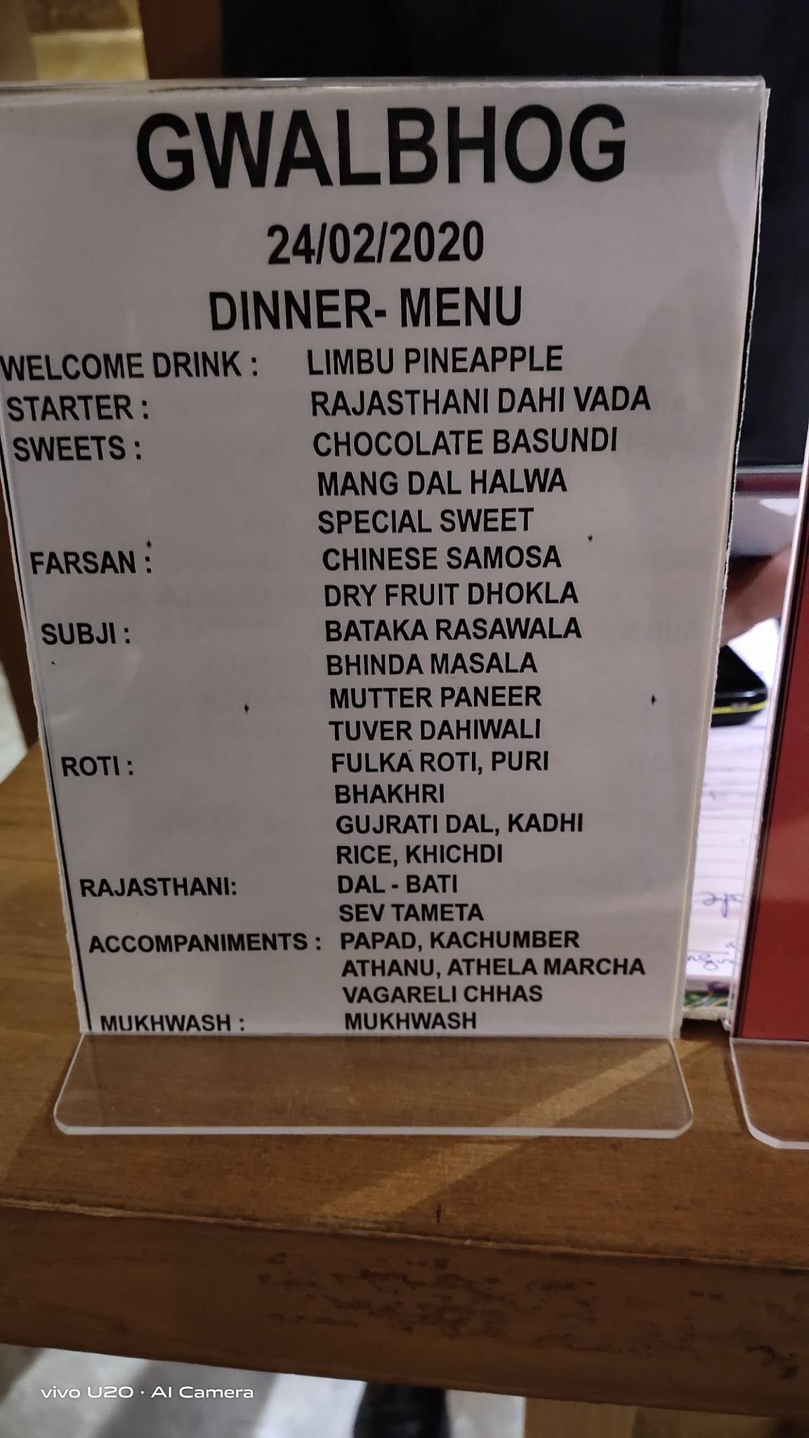 Menu at GwalBhog, Motera Chandkheda, Ahmedabad