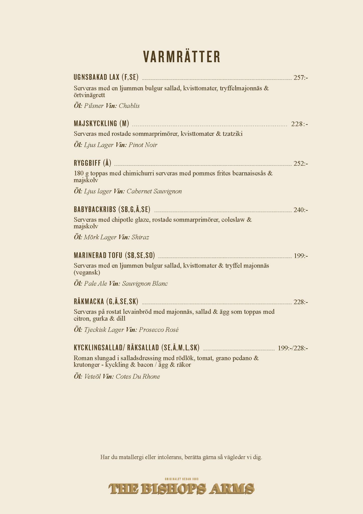 Menu at The Bishops Arms restaurant, Hässleholm