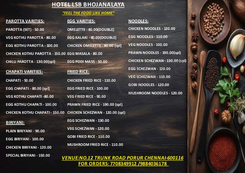Menu at HOTEL LSB BHOJANALAYA, Chennai