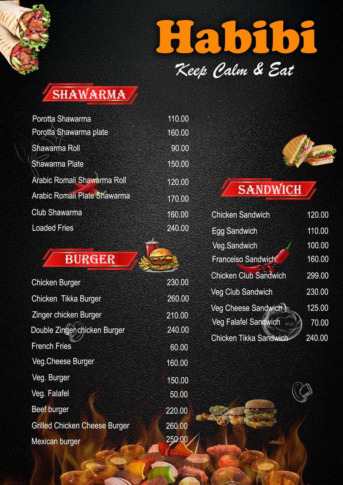 Menu at Habibi shawarma hut, Thiruvananthapuram