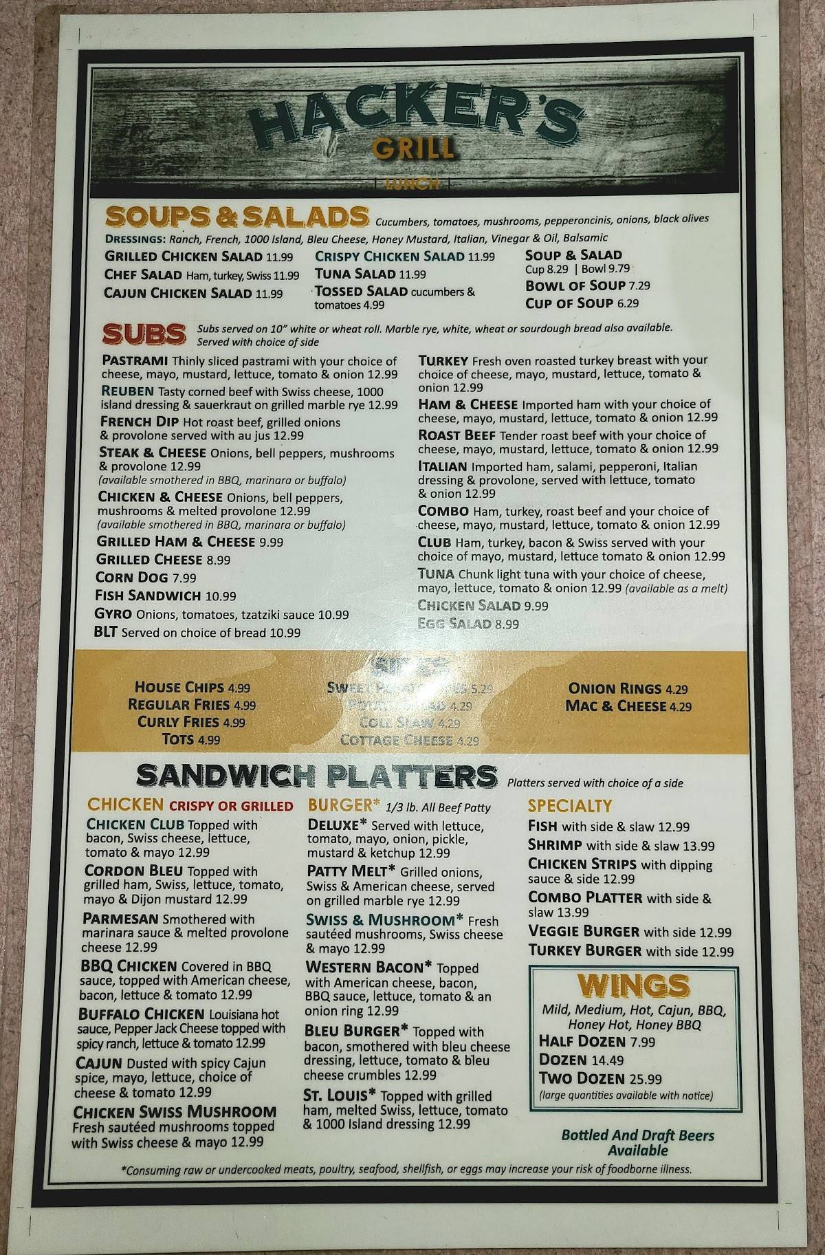 Menu at Hacker's Grill restaurant, Apache Junction