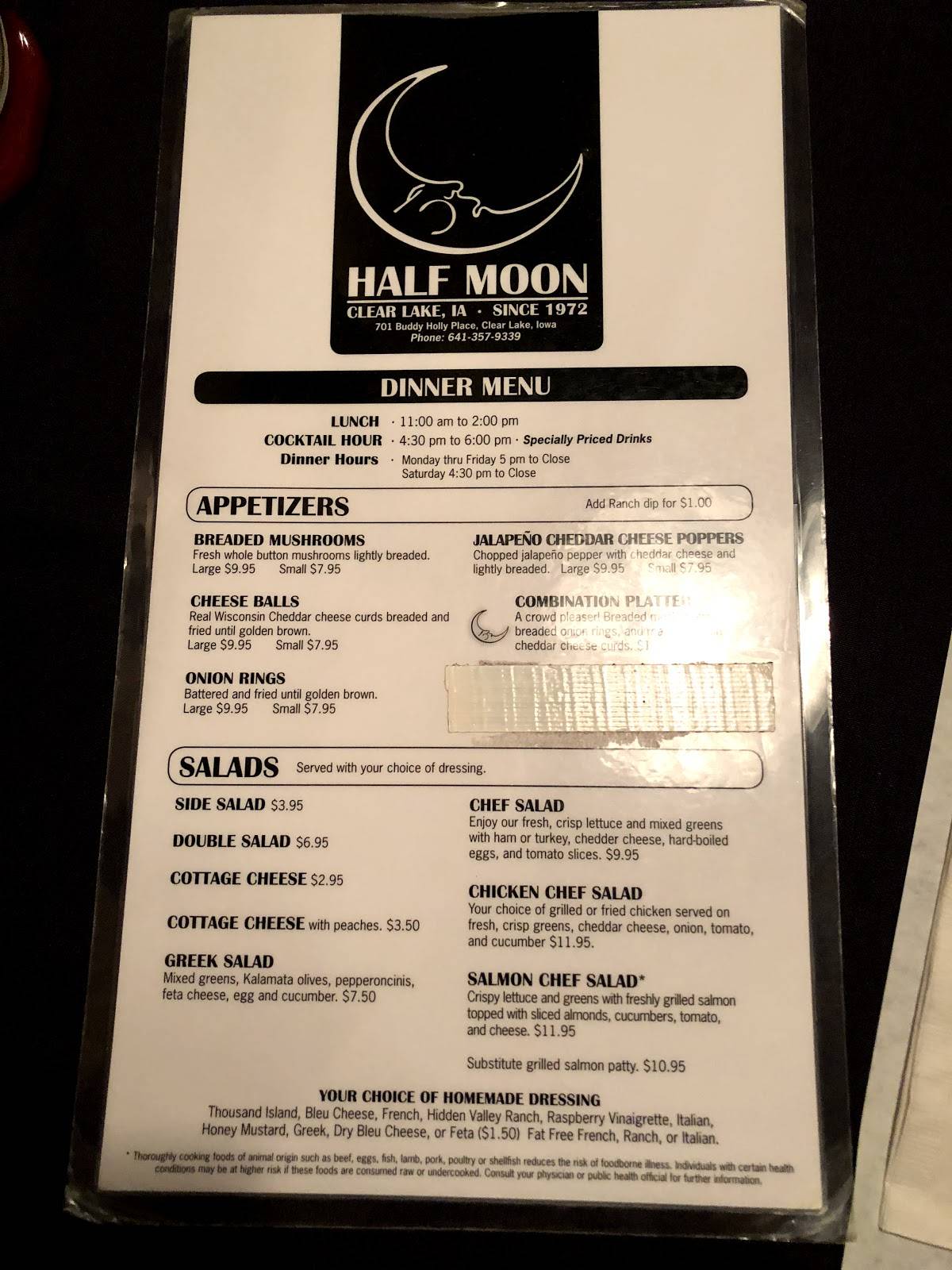 Menu at Half Moon Inn restaurant, Clear Lake
