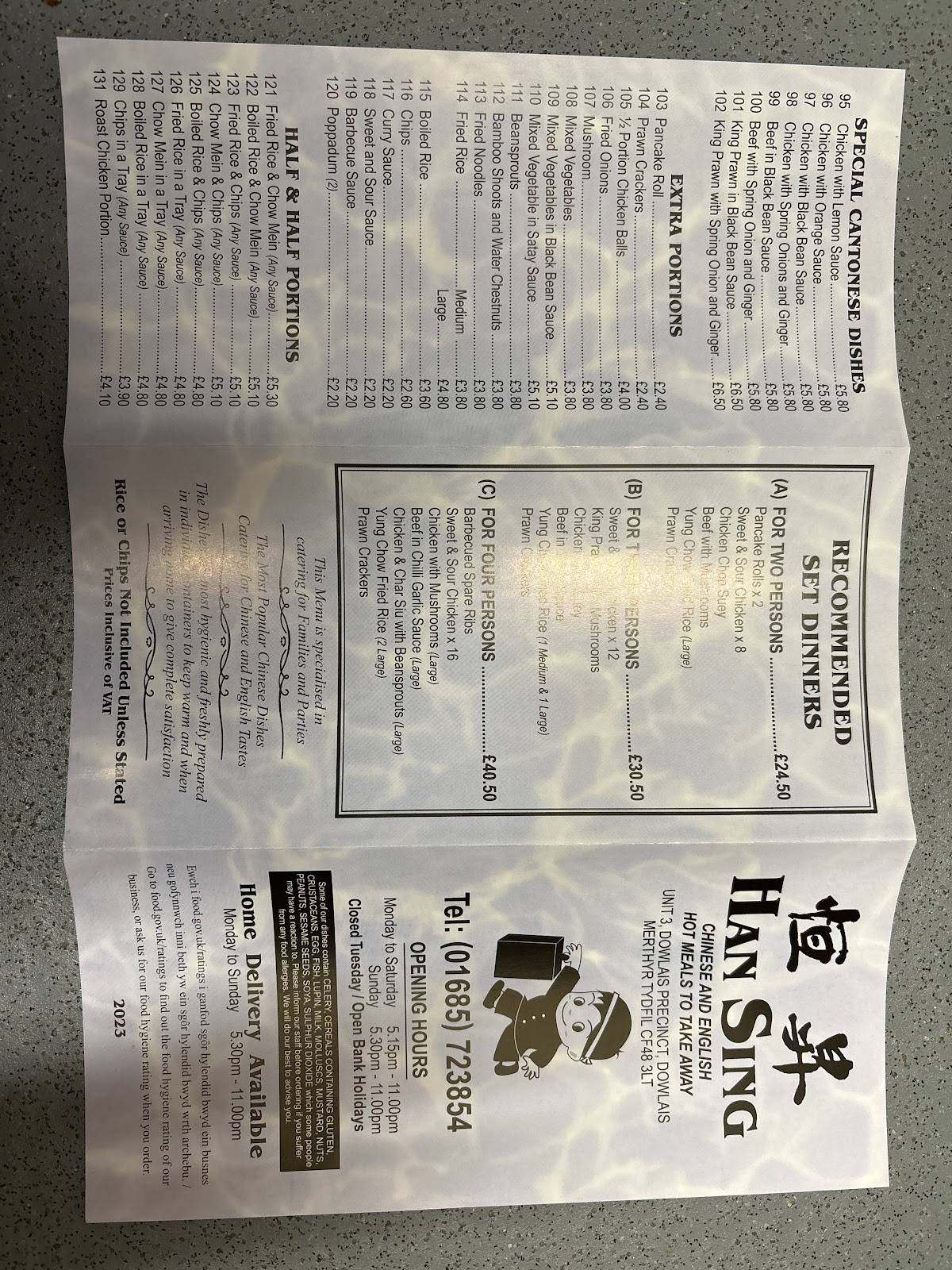 Menu at Han Sing fast food, Merthyr Tydfil, Unit 3