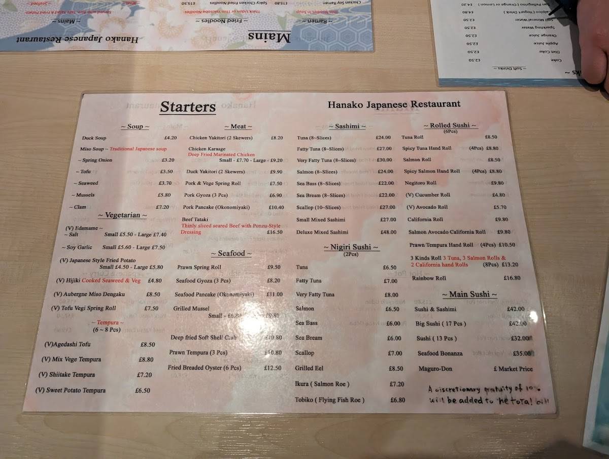 Menu at Hanako restaurant, Watford