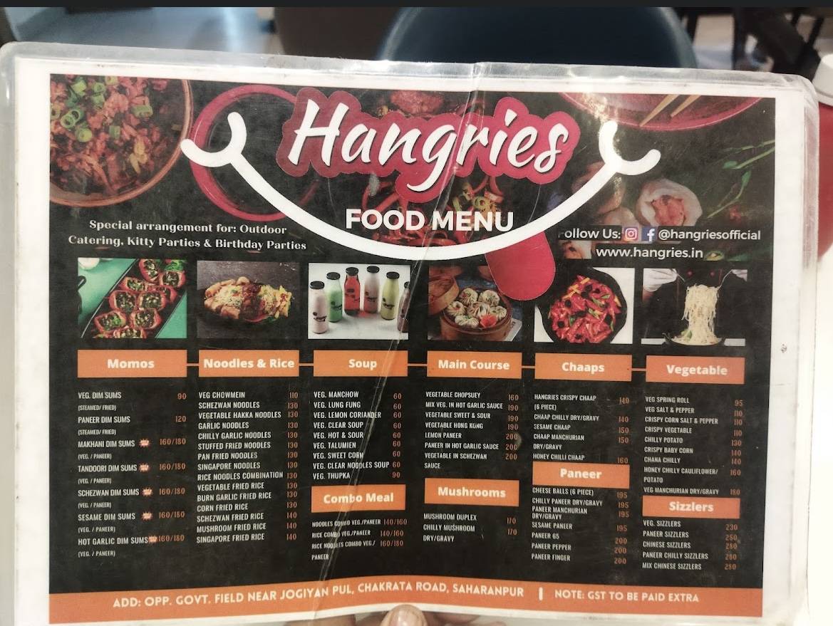 Menu at Hangries Saharanpur Near Vijay Talkies Italian pizza & Chinese ...