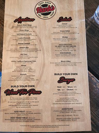 Menu at Hanks Chop Shop pub & bar, West Yellowstone