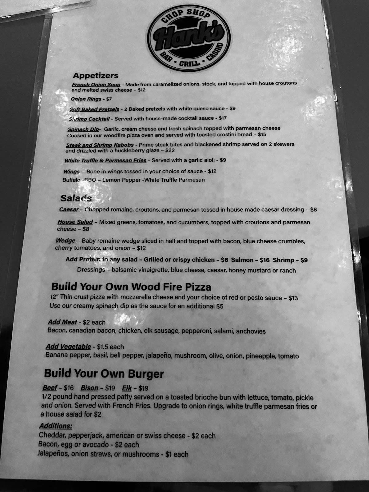 Menu at Hanks Chop Shop pub & bar, West Yellowstone