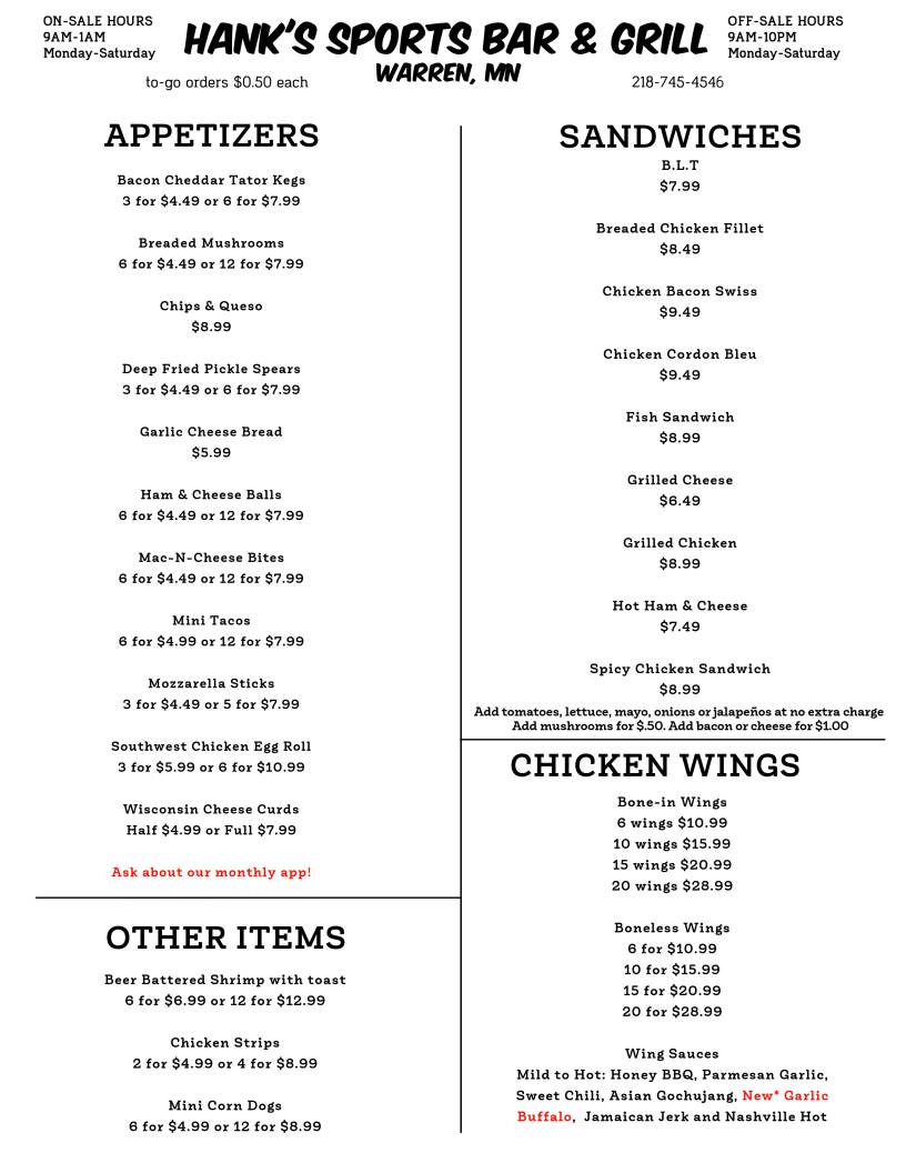 Menu at Hank’s Sports Bar and Grill, Warren