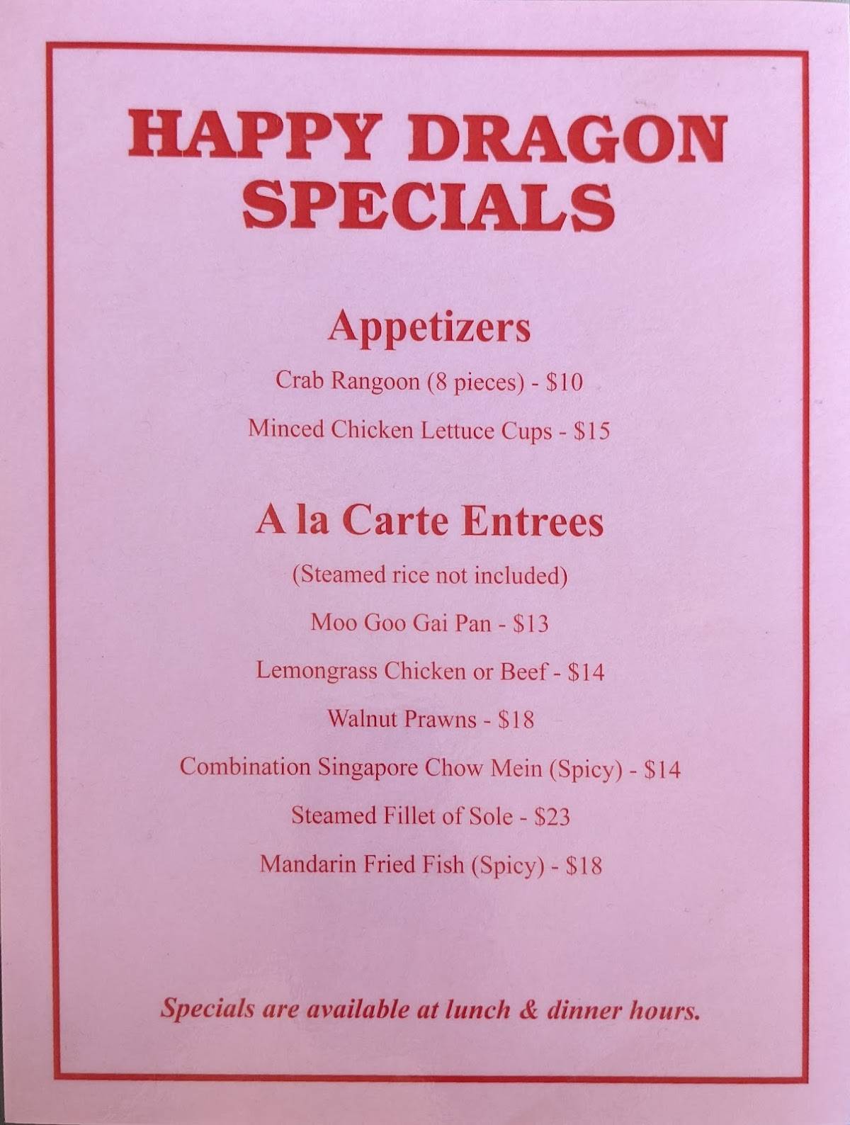 Menu at Happy Dragon restaurant, Monterey, N Fremont St