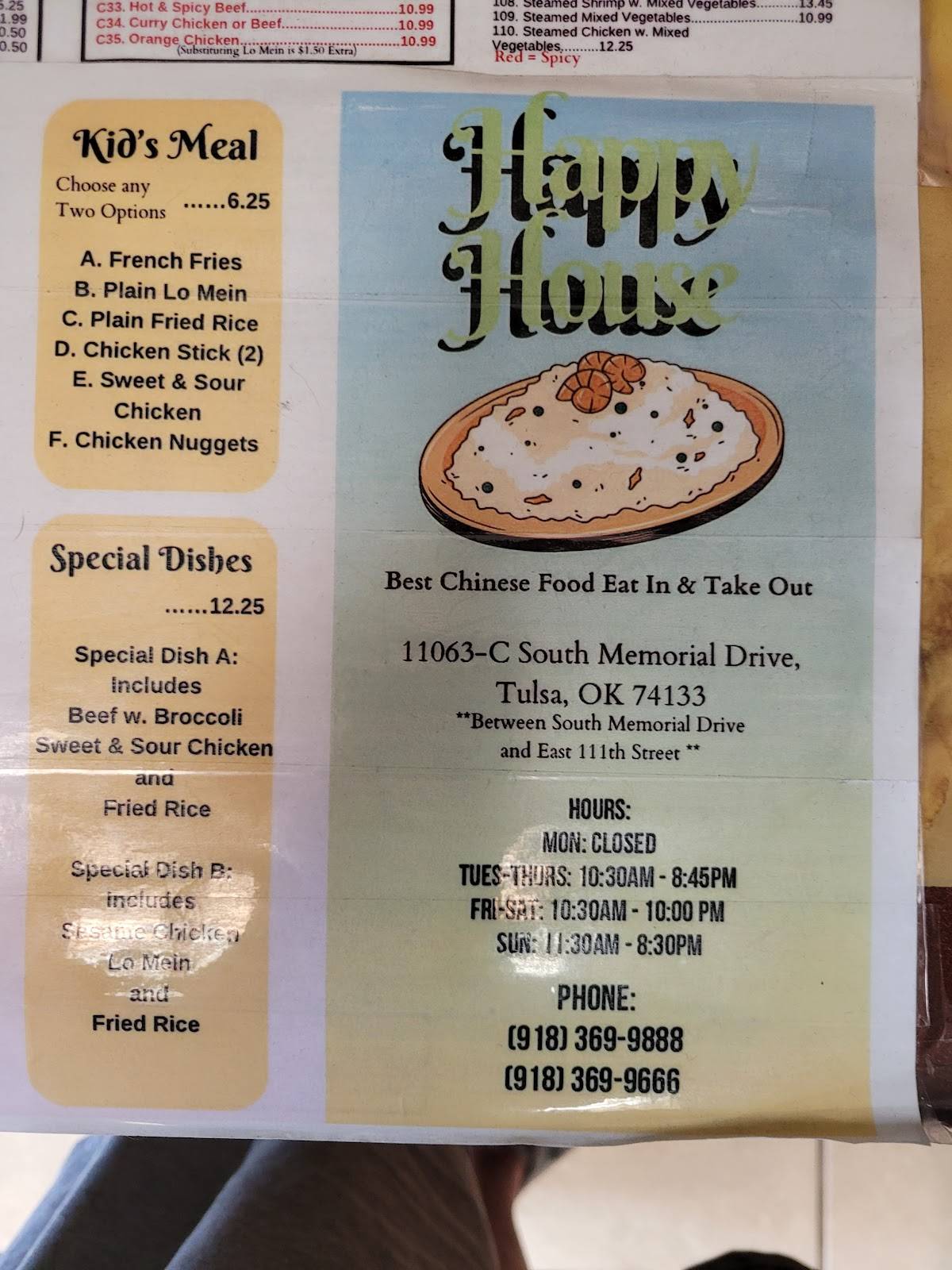 Menu at Happy House restaurant, Tulsa, S Memorial Dr C