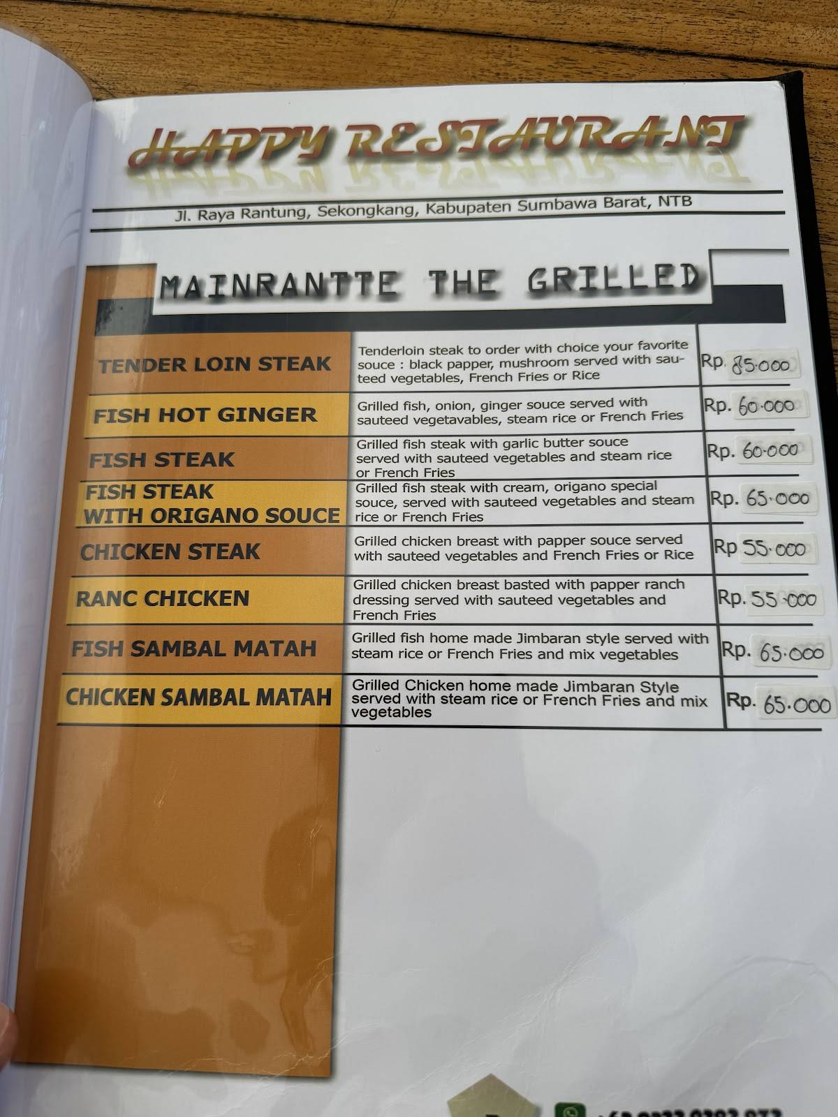 Carta de Happy Restaurant, Sekongkang Atas, Jl. Raya Rantung