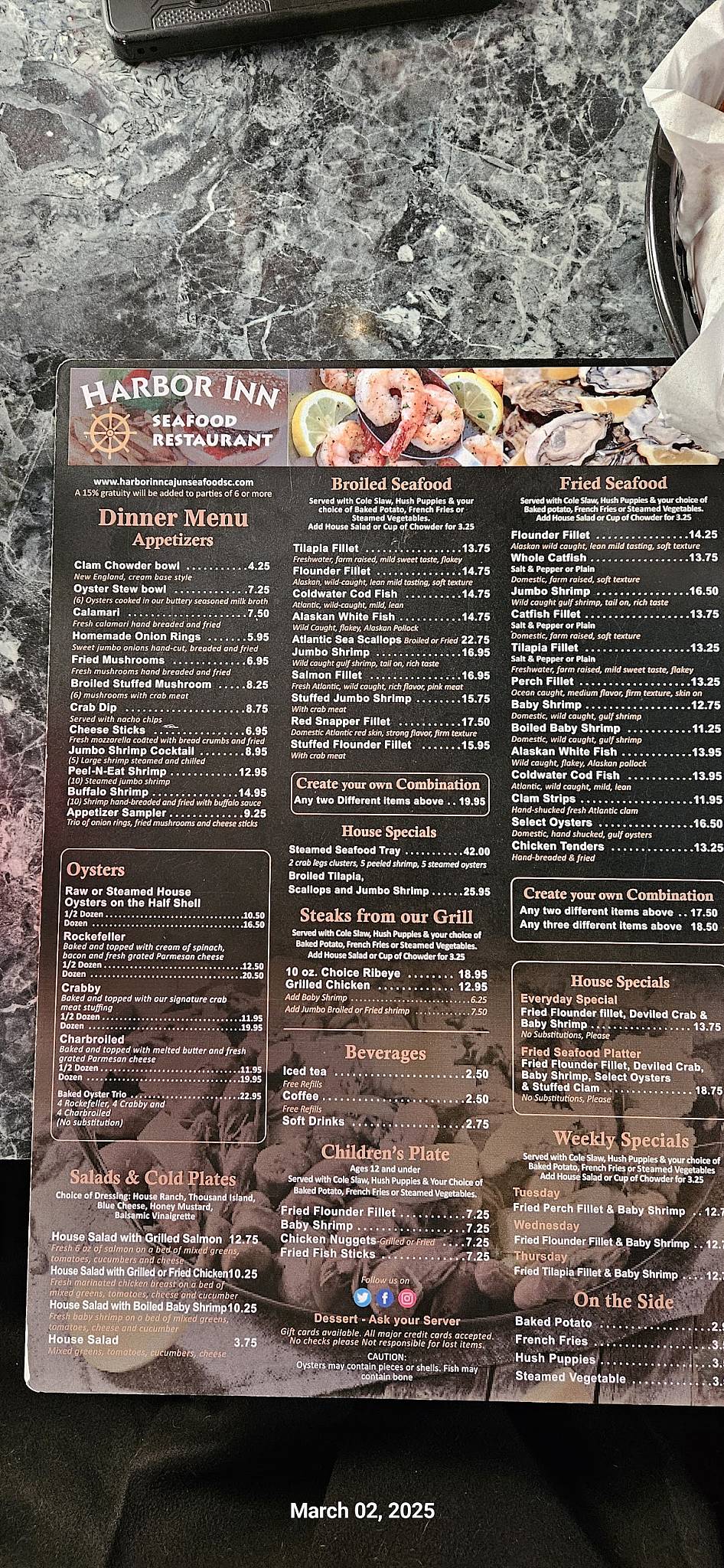 Menu at Harbor Inn Cajun Seafood pub & bar, Greenville