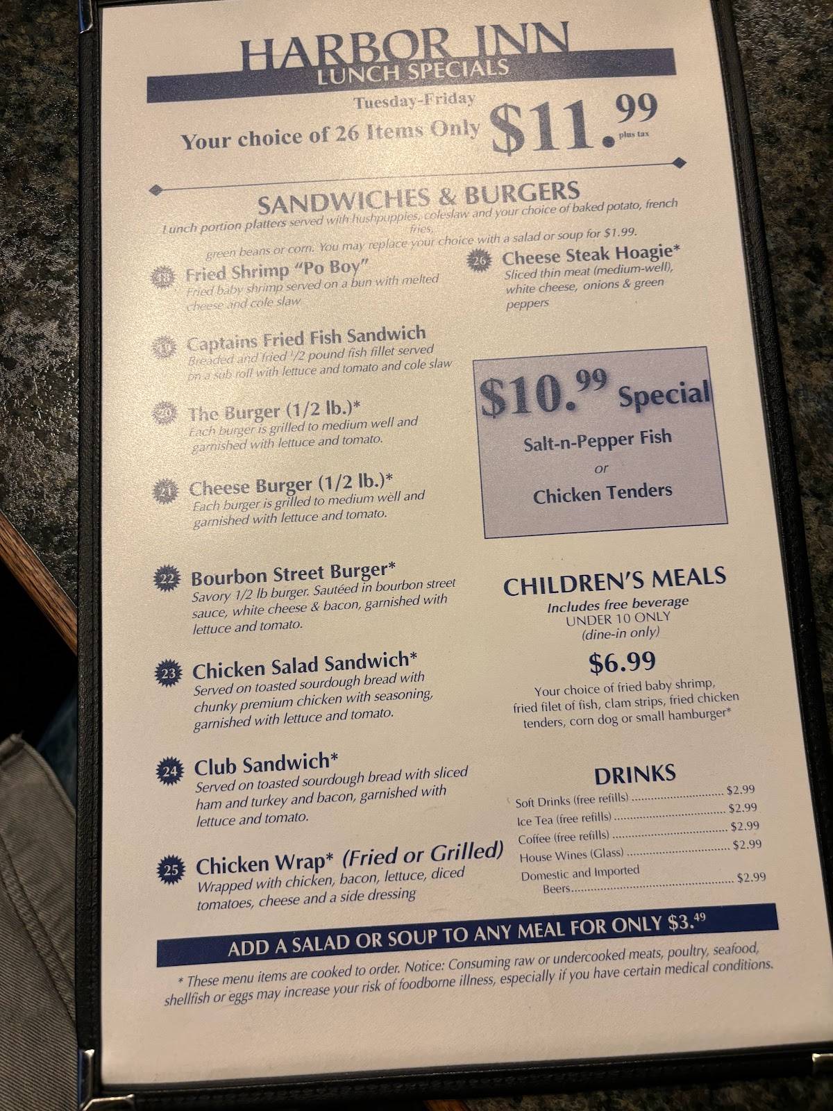 Menu at Harbor Inn Seafood restaurant, Lynchburg