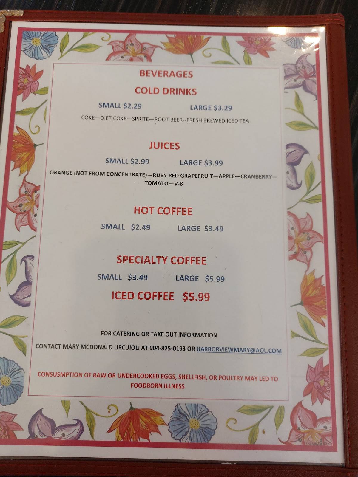 Menu at Harbor View Café cafe, St. Augustine